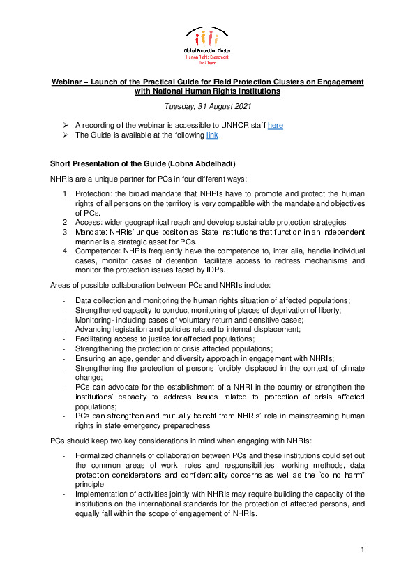 Protection Cluster Engagement with National Human Rights Institutions ...