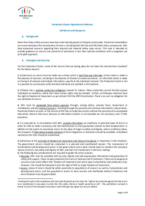Ethiopia Protection Cluster Operational Guidance: IDP Return and ...