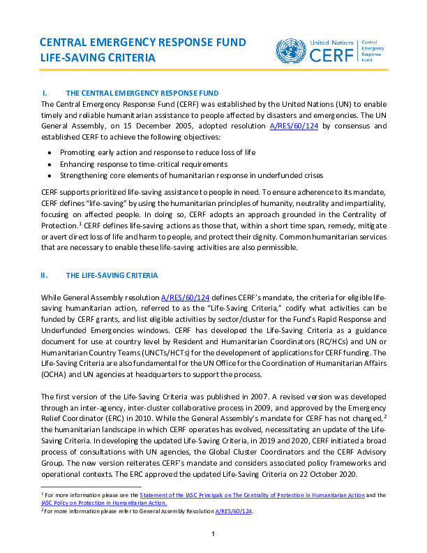 CERF life saving criteria OCHA | Global Protection Cluster