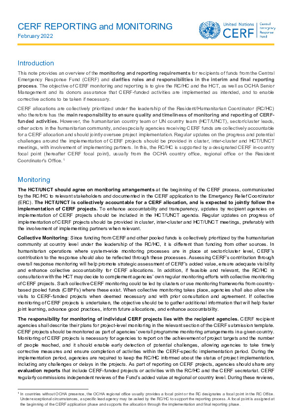 CERF reporting and monitoring guidance | Global Protection Cluster