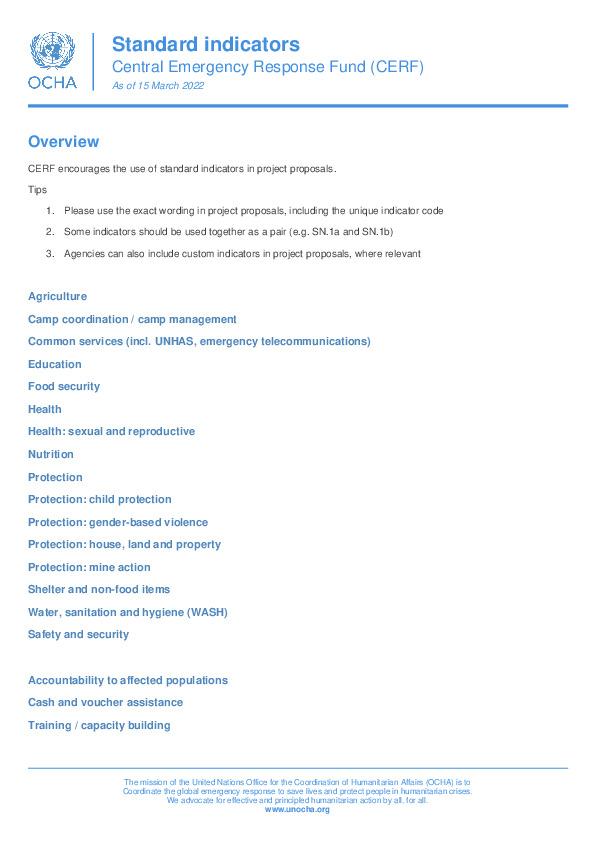 CERF standard indicators OCHA | Global Protection Cluster