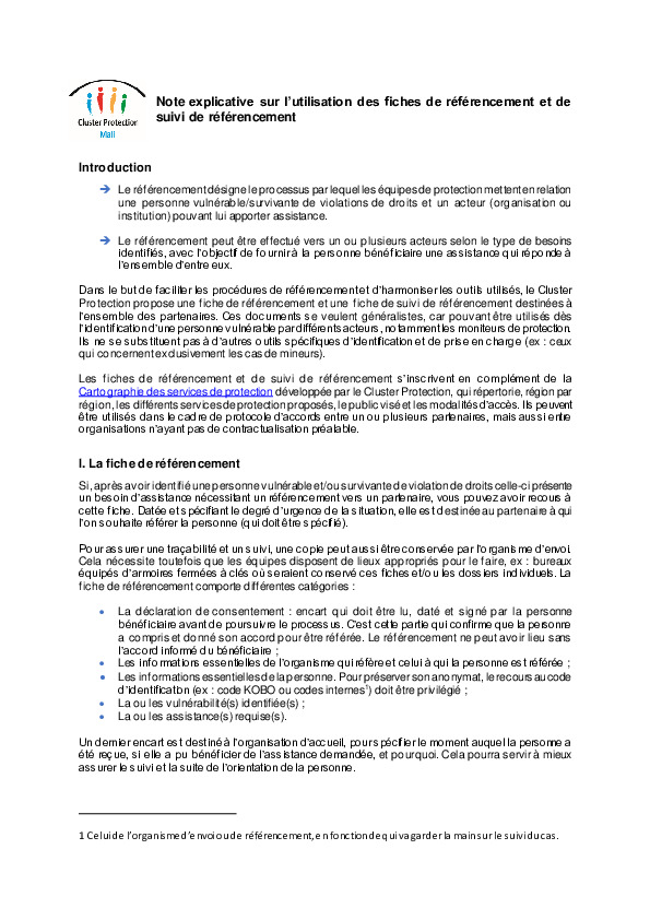 Note sur les fiches de référencement Mali | Global Protection Cluster