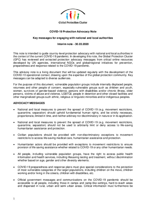 GPC COVID-19 Protection Advocacy Messages : Engaging with national and ...
