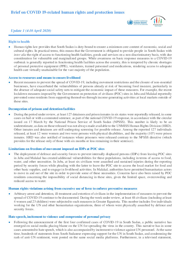 South Sudan Protection Cluster: Brief on COVID 19-related Human Rights ...