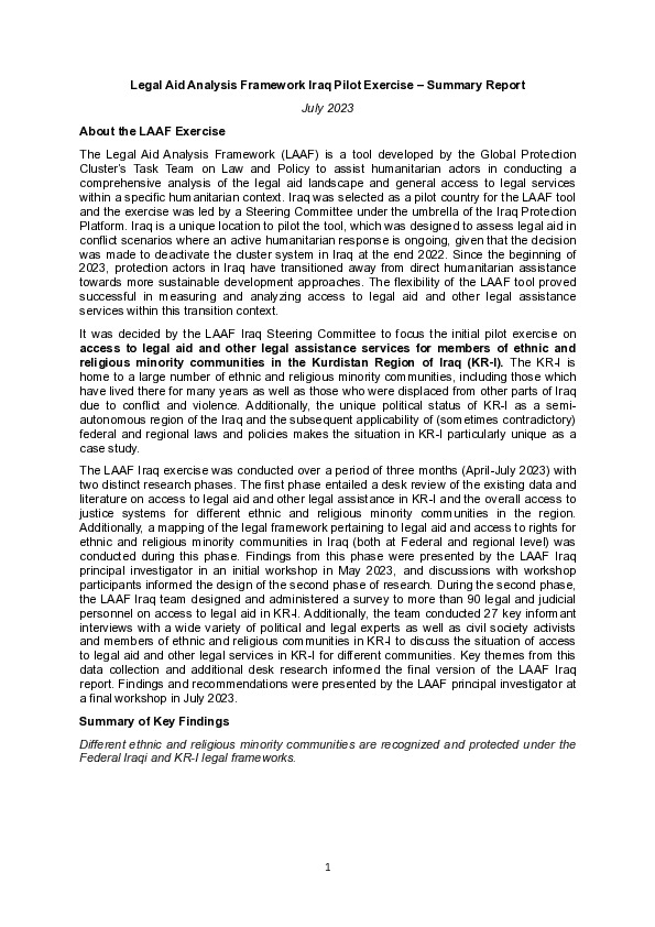 Legal Aid Analysis Framework Iraq Pilot Exercise – Summary Report ...
