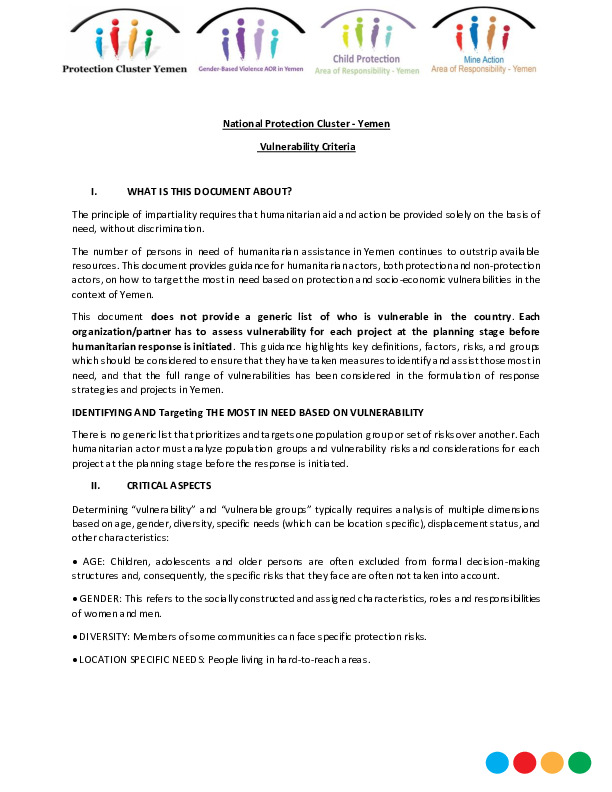 National Protection Cluster - Yemen Vulnerability Criteria | Global ...