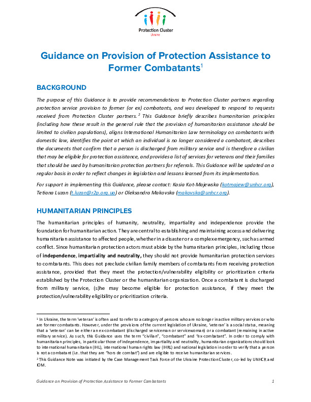 Guidance on Provision of Protection Assistance to Former Combatants ...
