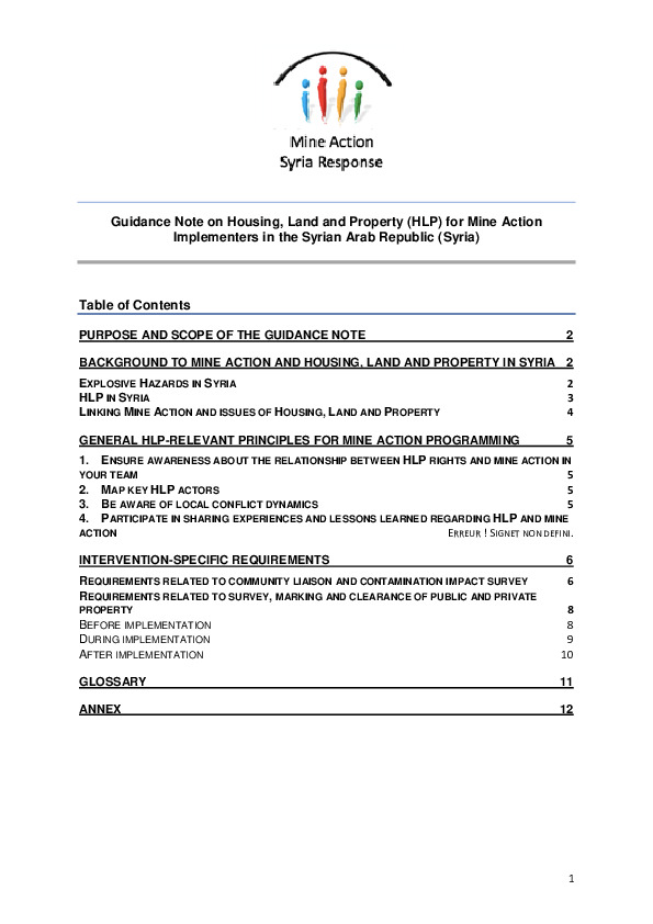 Syria: HLP Guidance Note for Mine Action (2018) | Global Protection Cluster