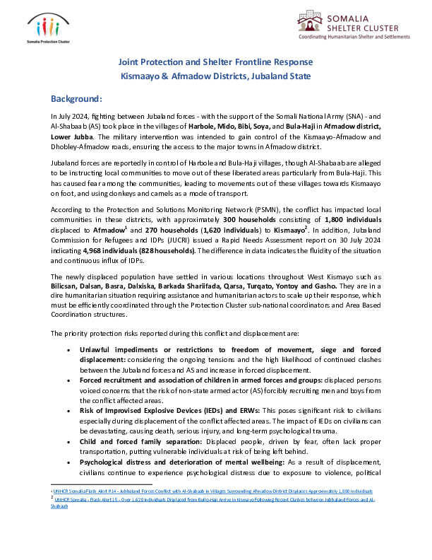 Somalia Protection and Shelter Cluster Joint Note on Frontline Response ...